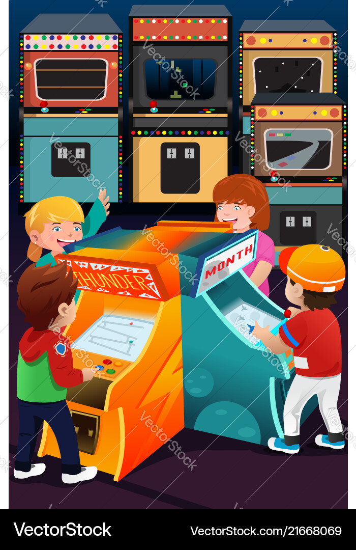 Kids playing arcade games Royalty Free Vector Image