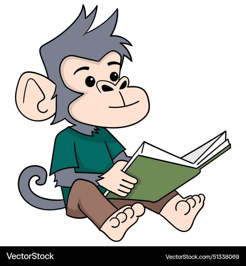 Male monkey student sitting reading science book Vector Image