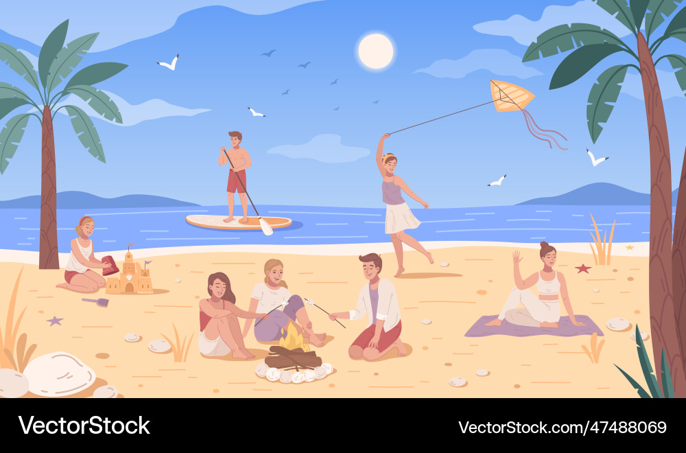 Strand Aktivitäten Flat Cartoon Lizenzfreies Vektorbild