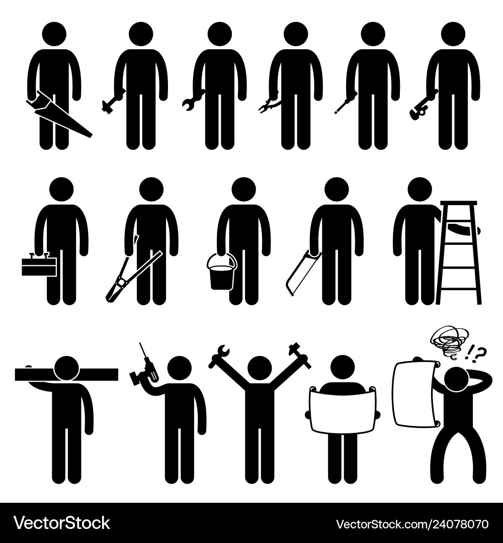 Handyman worker using diy work tools stick figure Vector Image