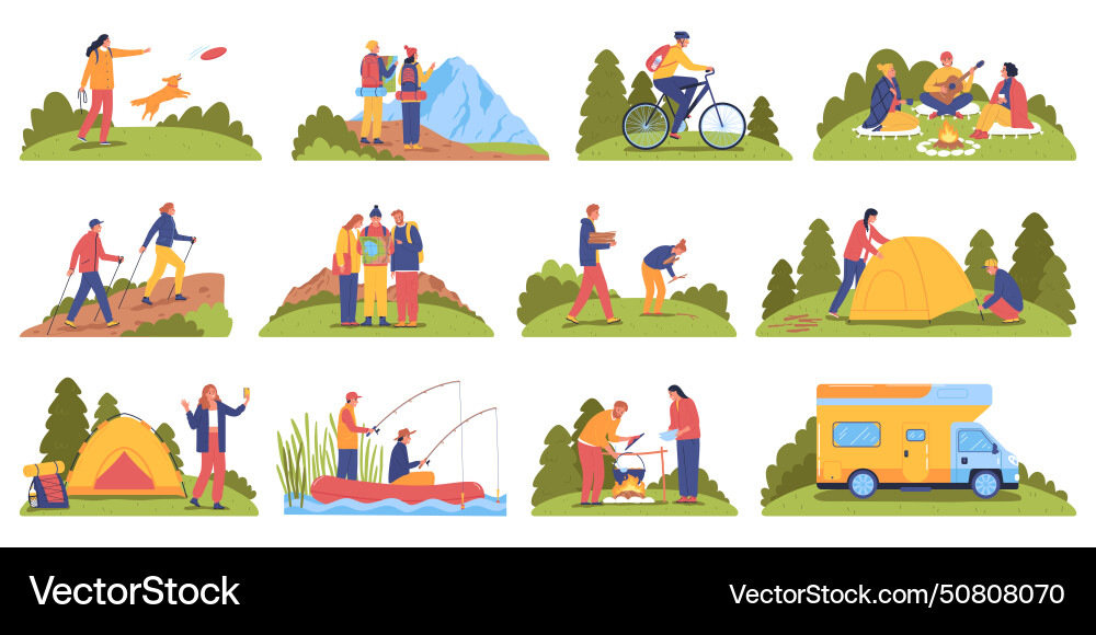 Hiking flat set Royalty Free Vector Image - VectorStock