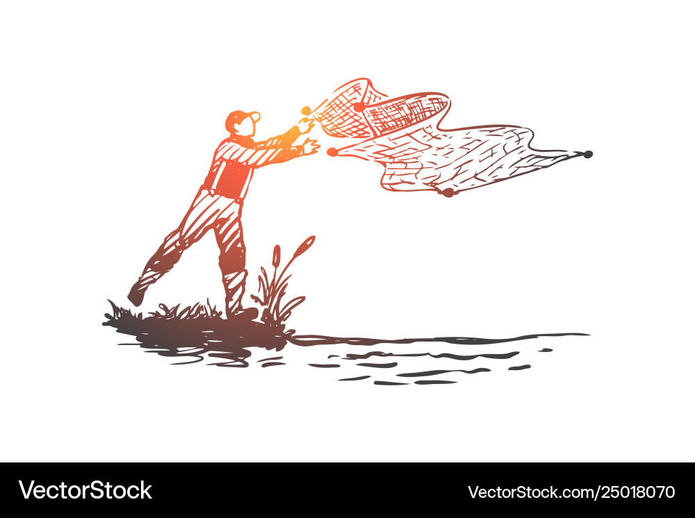 Man fishing net river nature concept Royalty Free Vector
