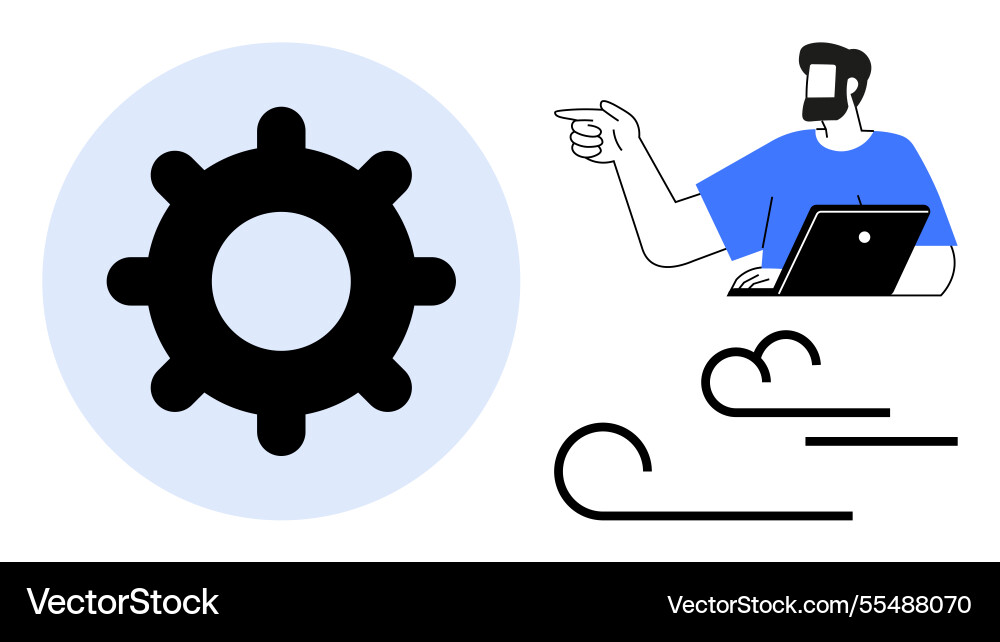 Man with laptop pointing at gear cog symbol Vector Image