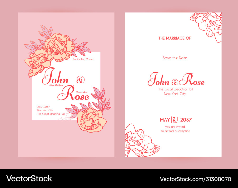 Peony Wedding Invitation Card Set Royalty Free Vector Image