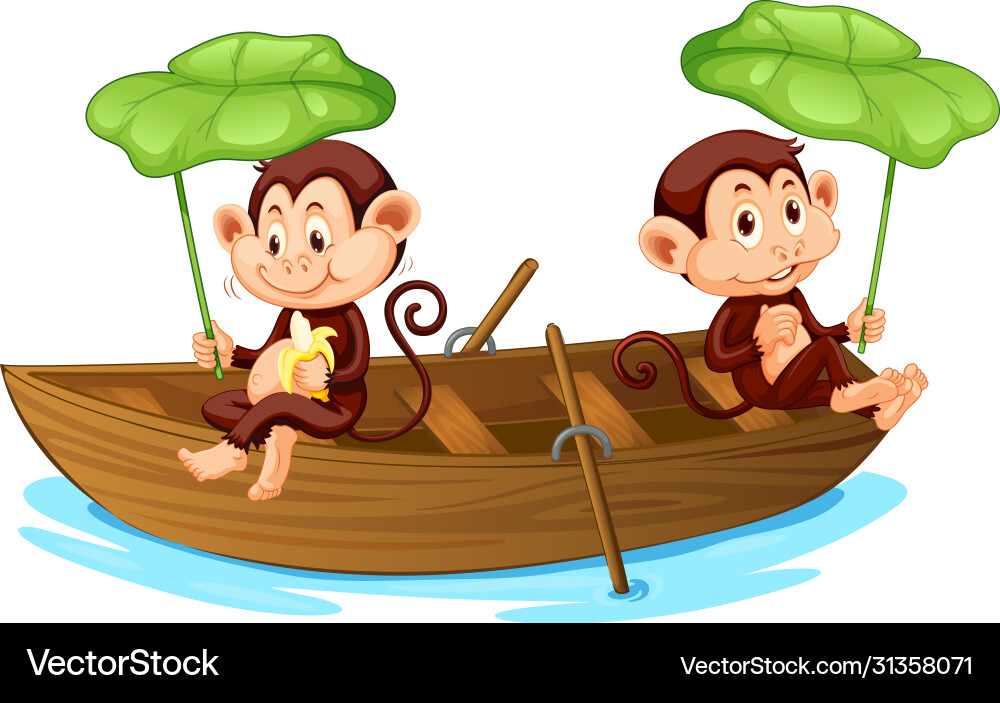Two monkeys rowing boat in river Royalty Free Vector Image