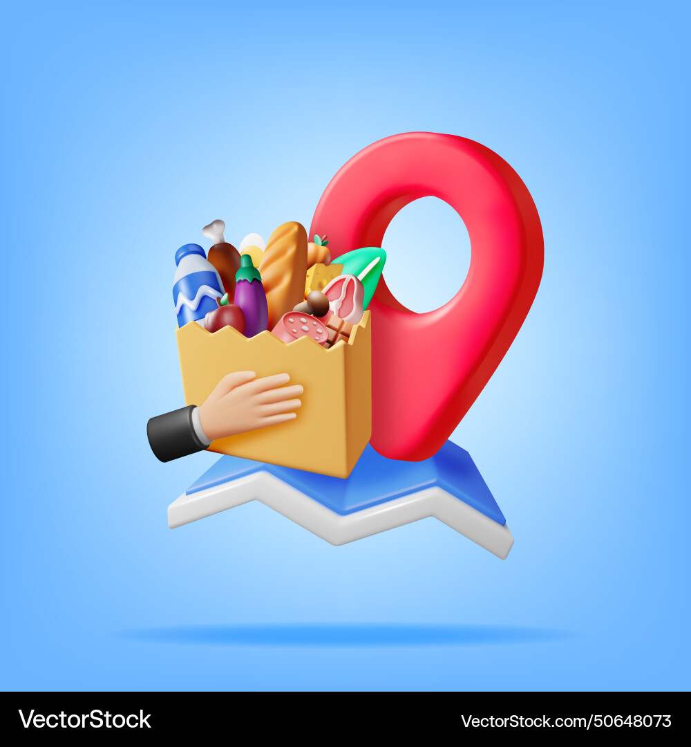 3d shopping grocery bag with map and location pin Vector Image