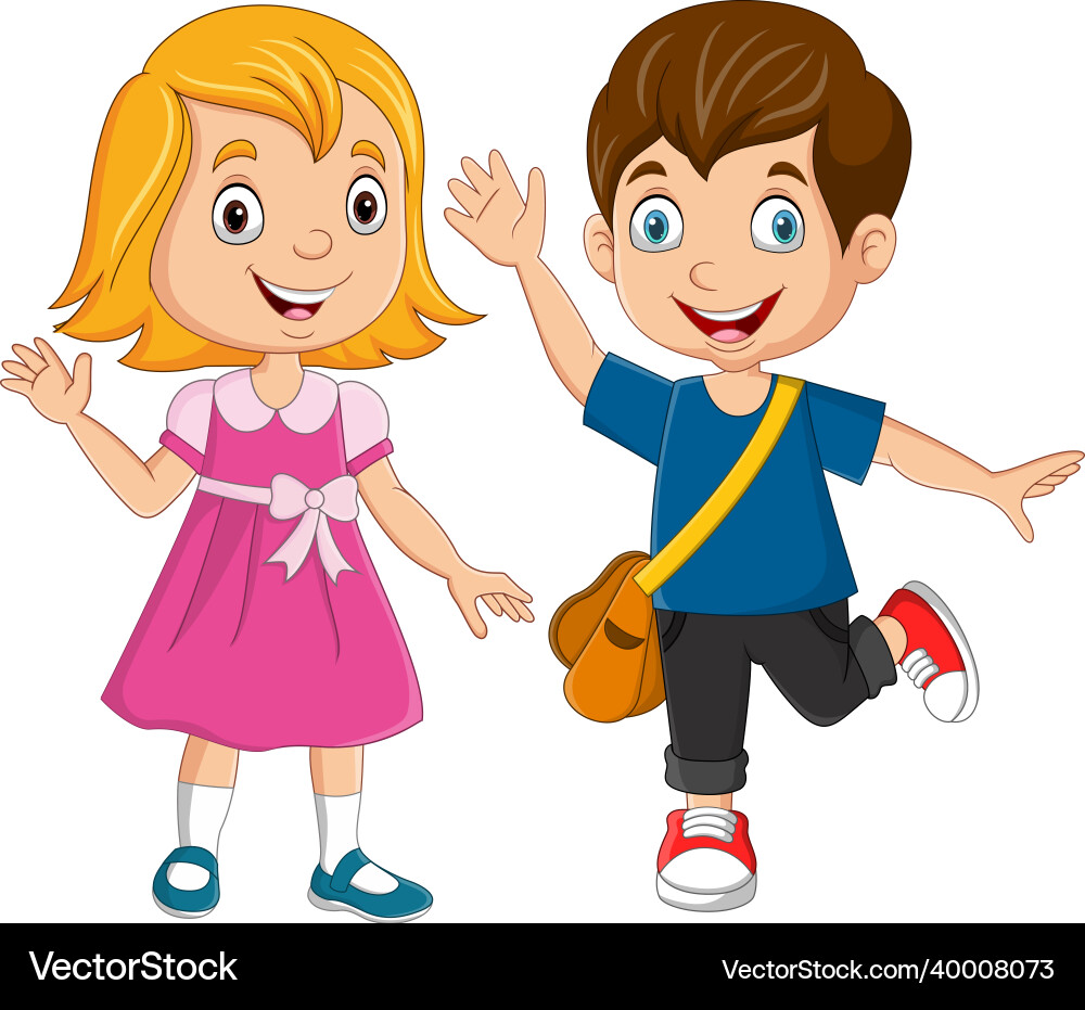 Cartoon happy school kid waving hands Royalty Free Vector