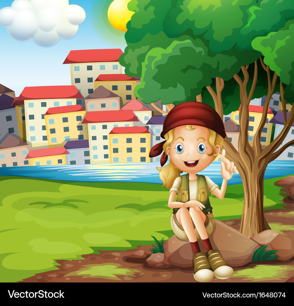 A girl sitting above the rock under tree Vector Image