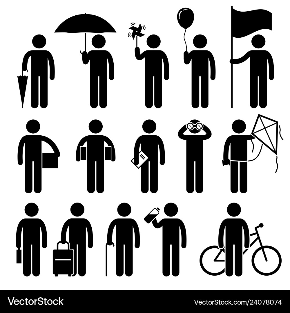 Man with random objects stick figure pictograph Vector Image