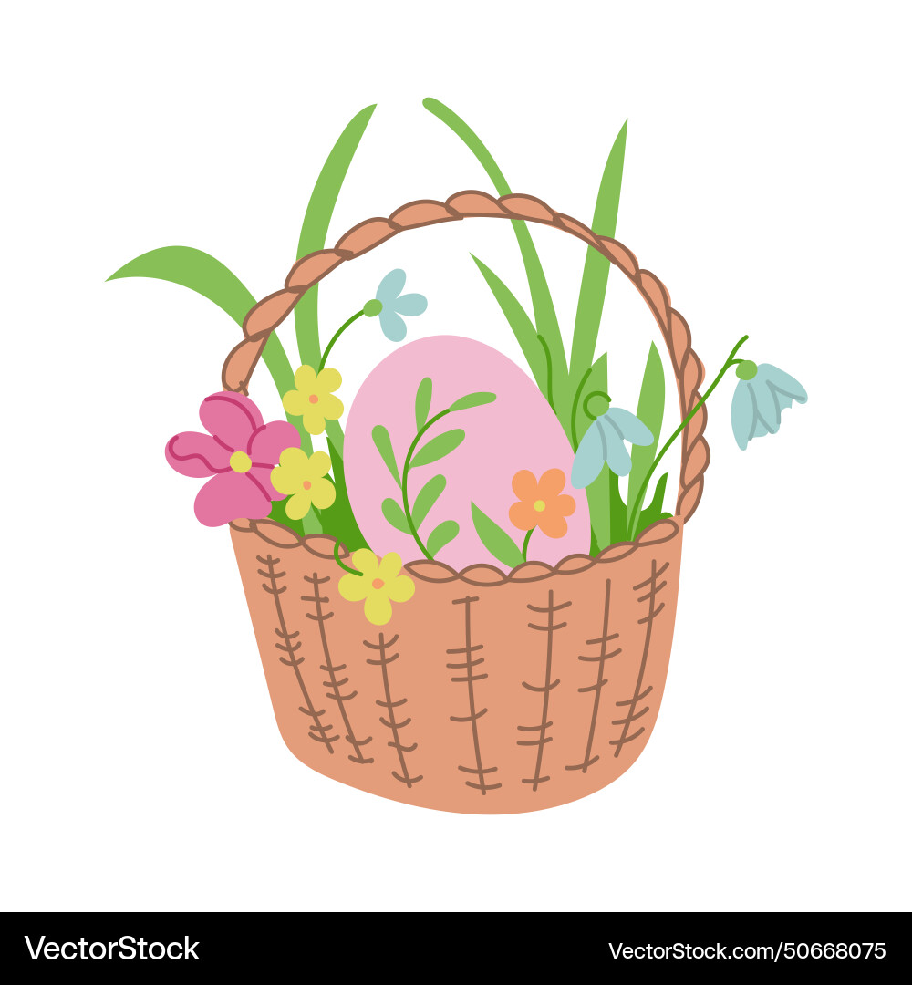 Pastel easter basket with flowers and egg Vector Image