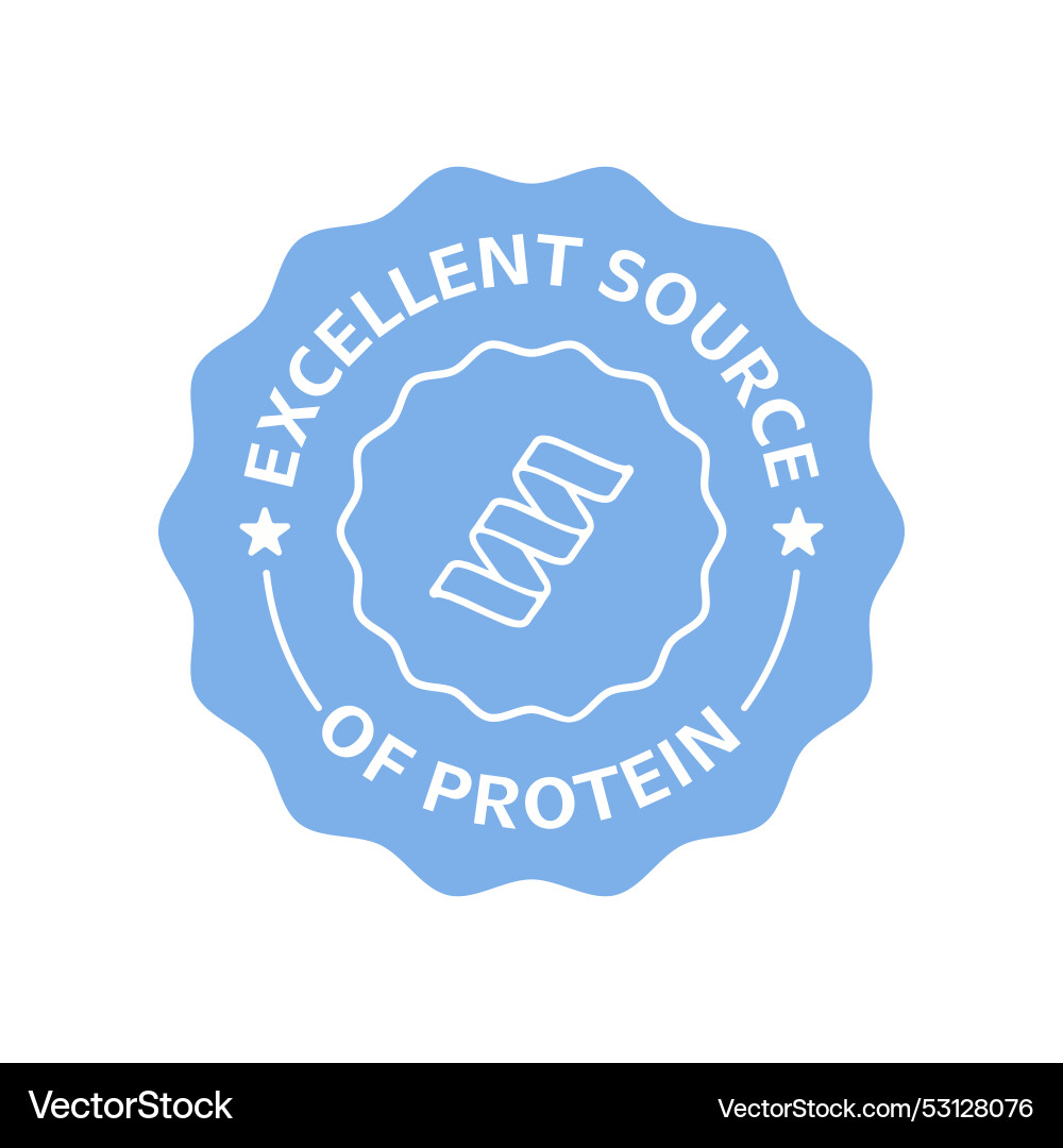 Blue badge with excellent source of protein text Vector Image