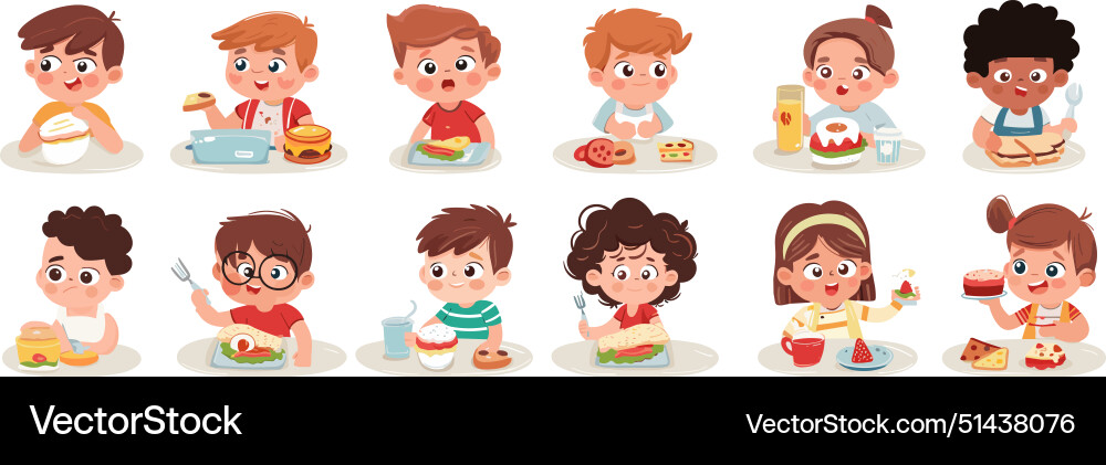 Children having breakfast cartoon set boys Vector Image