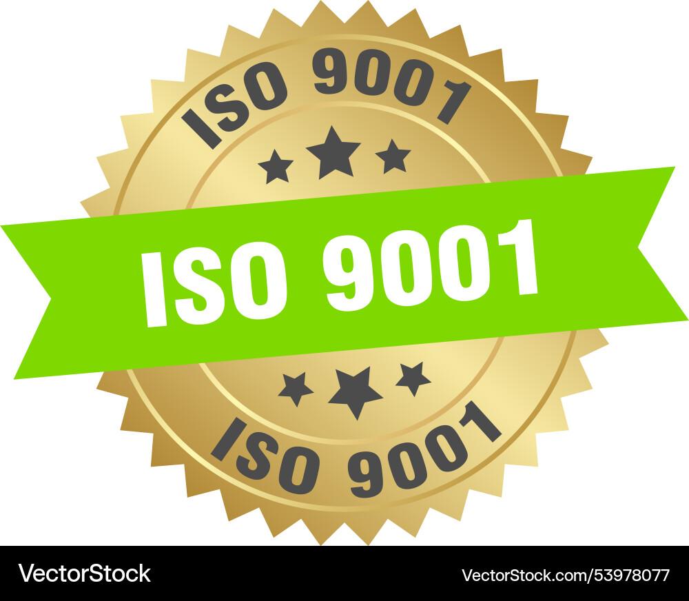 Iso 9001 round green and gold label Royalty Free Vector