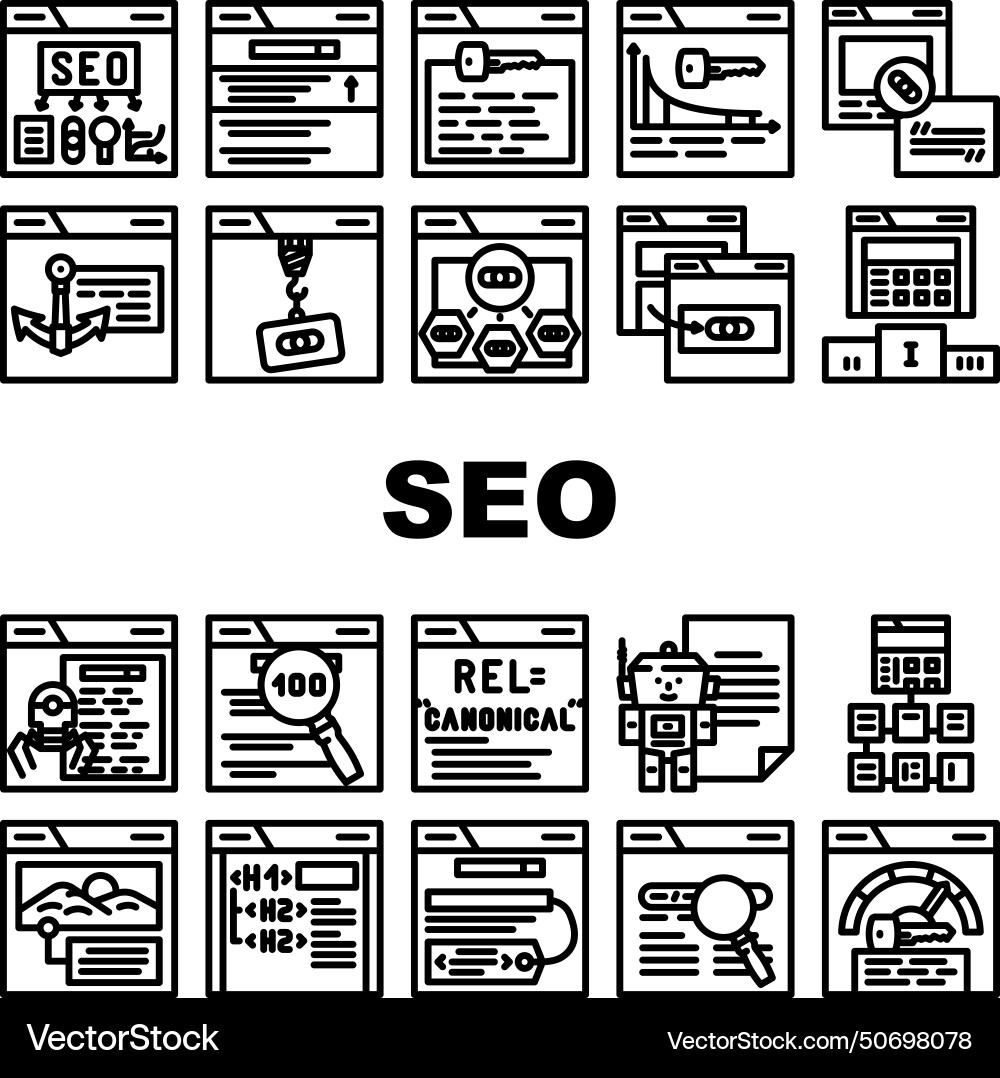 Seo optimize search rank icons set Royalty Free Vector Image