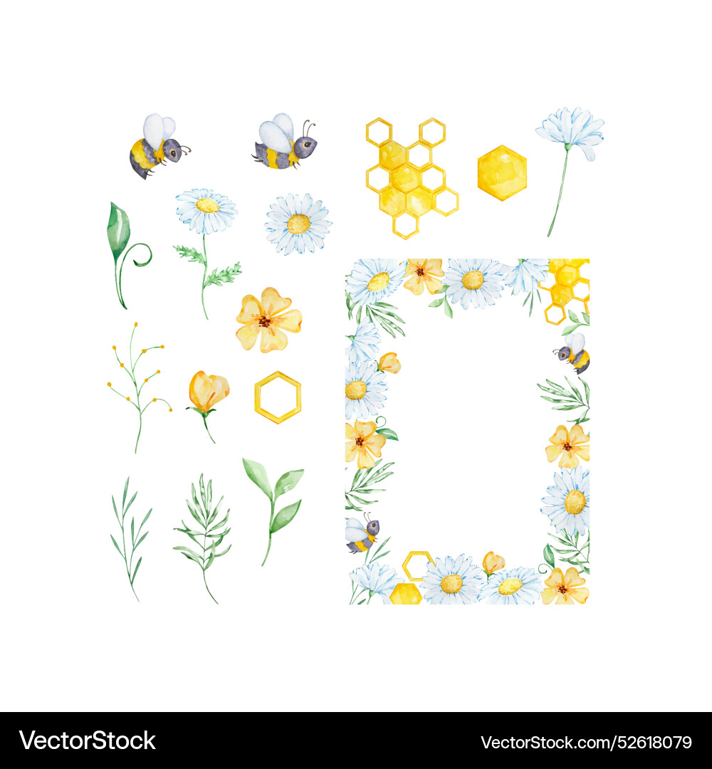 Watercolor floral frame with bee honeycomb daisy Vector Image