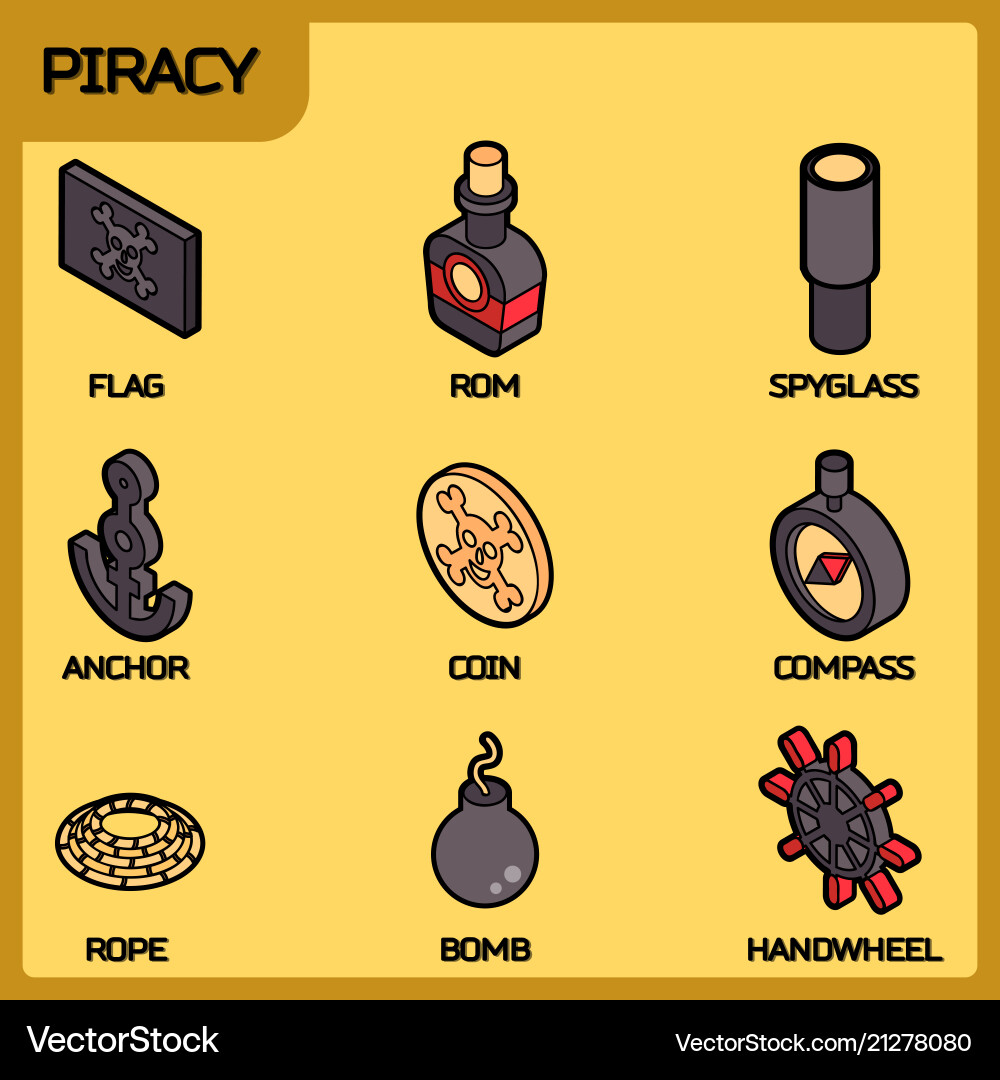 Piracy color outline isometric icons Royalty Free Vector