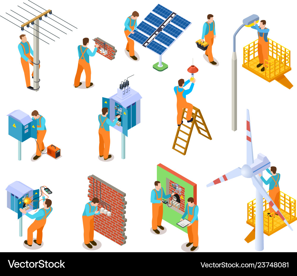 Electrician isometric set workers doing safety Vector Image