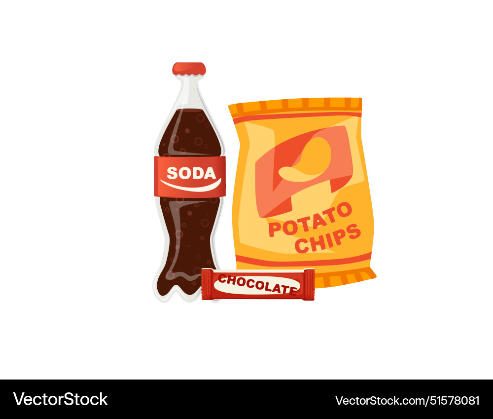 Soda potato chips and chocolate bar snack product Vector Image