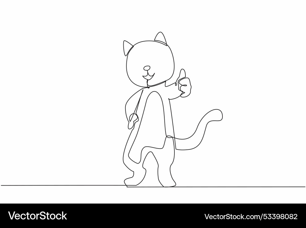 Single one line drawing the cat stands holding Vector Image