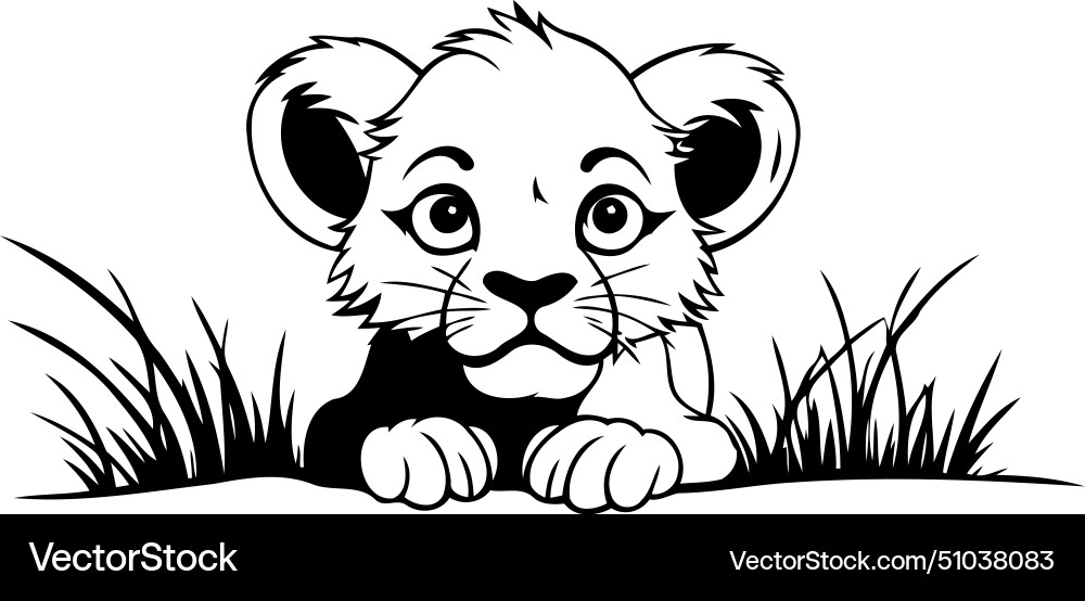 Cute cartoon lion cub lying in the grass Vector Image