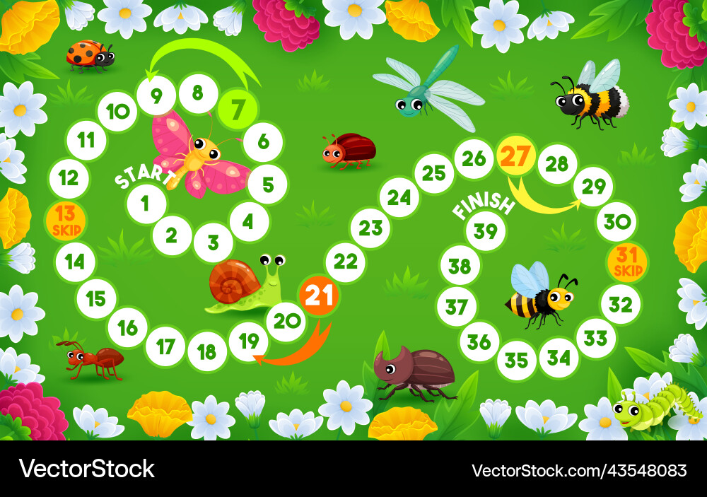 Step board game with cartoon insect characters Vector Image