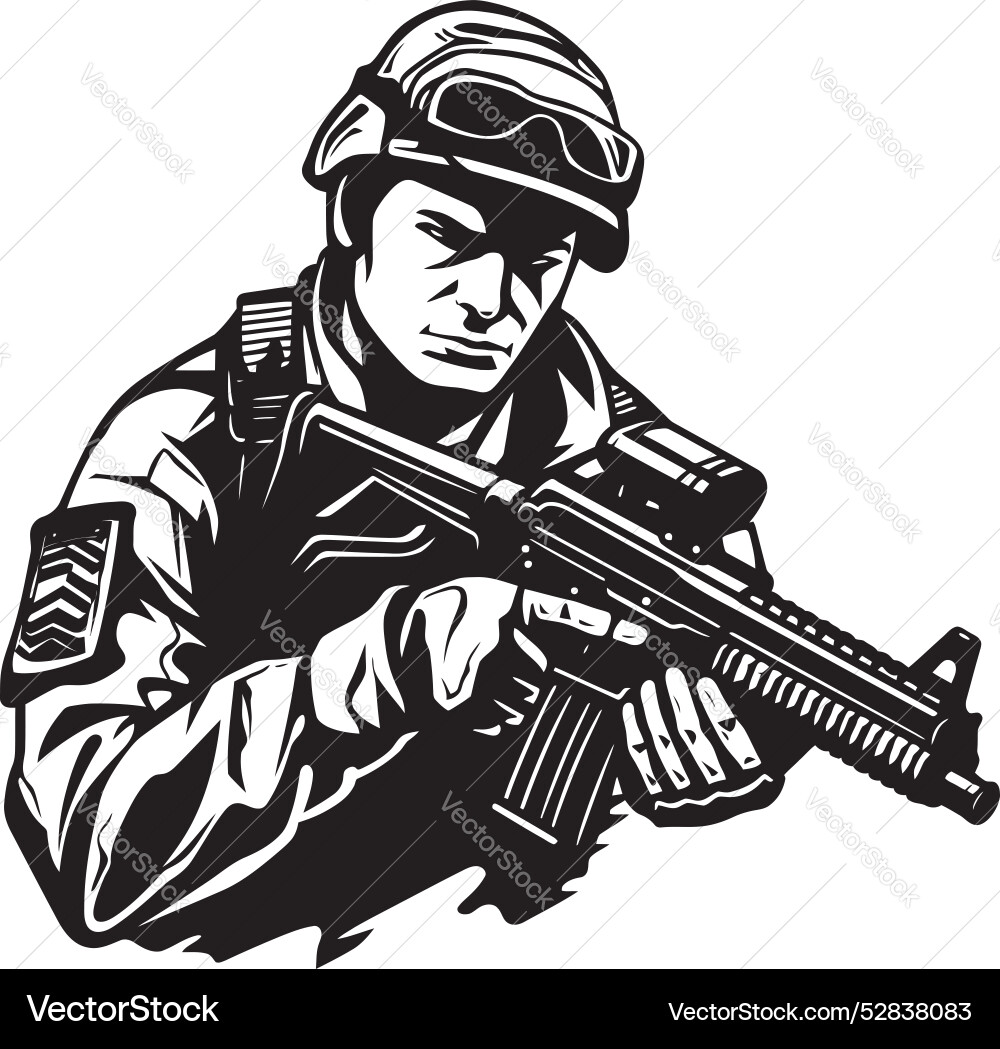 Vigilant warrior soldier and gun emblem combat Vector Image