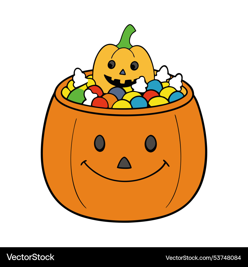 Pumpkin shape bowl with halloween candy treat Vector Image