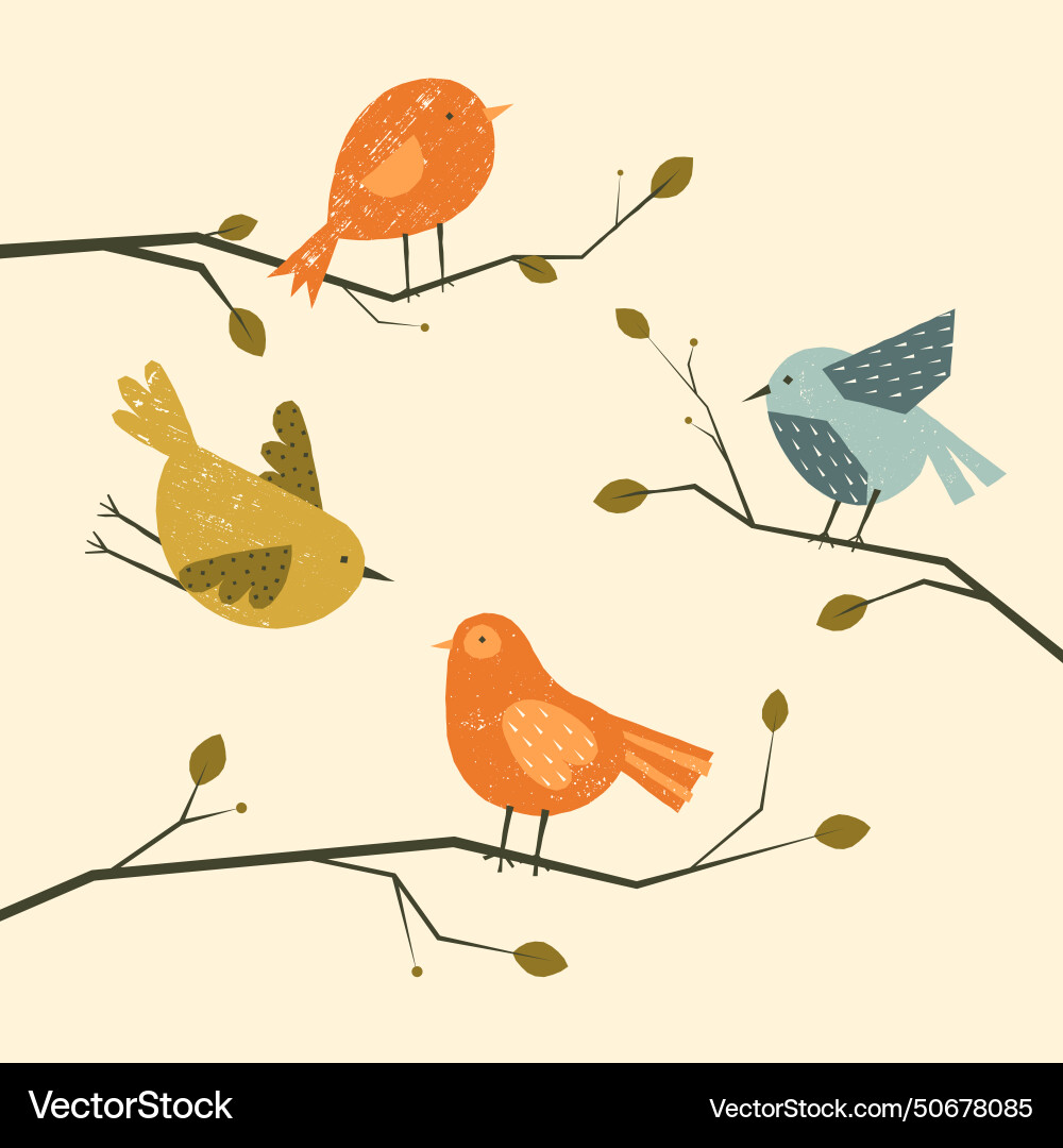 Cute birds on trees cartoon colorful spring Vector Image