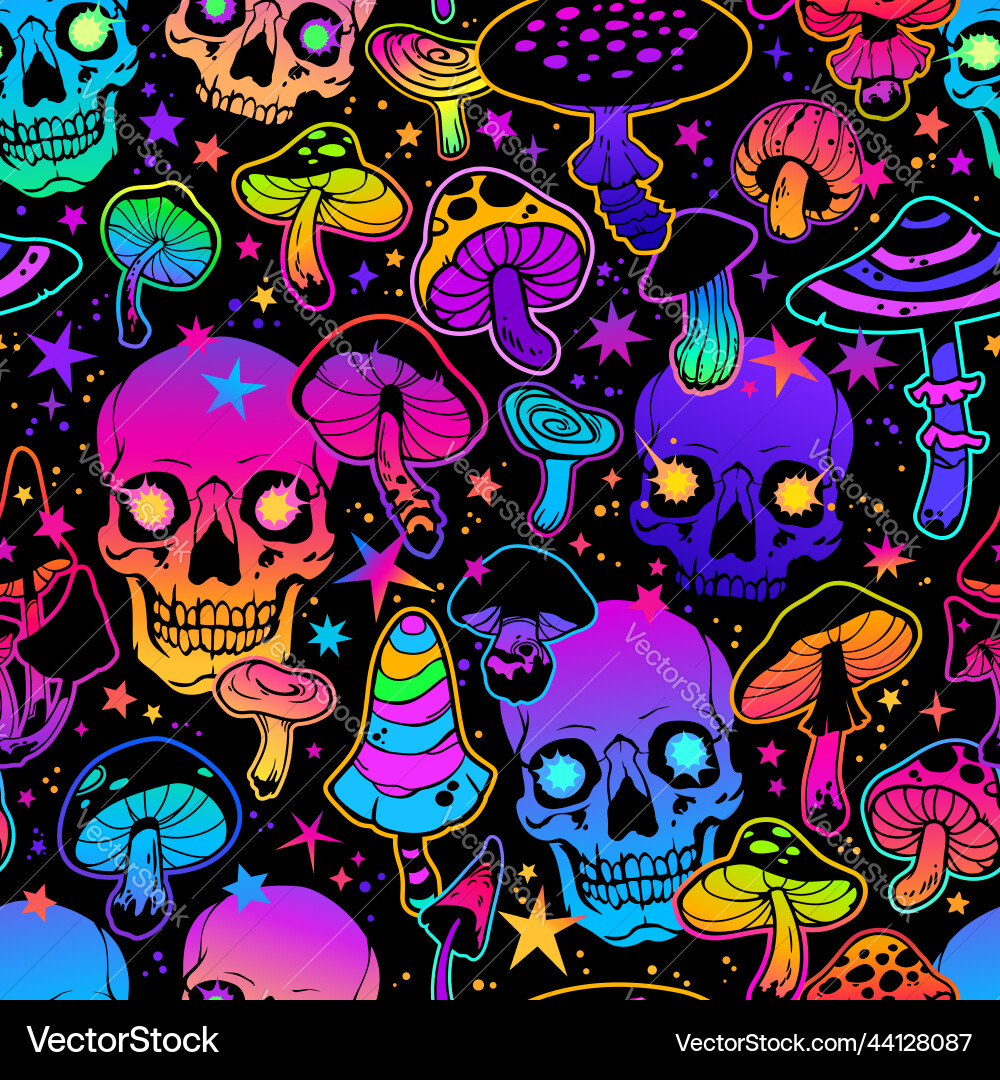 Seamless pattern bright psychedelic mushrooms Vector Image Seamless pattern bright psychedelic mushrooms Vector Image