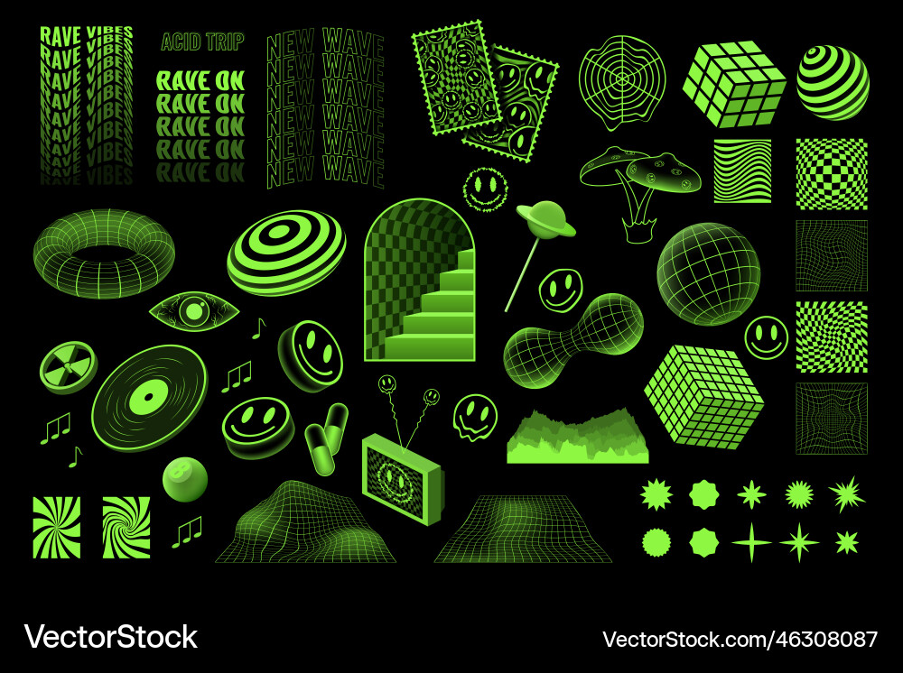 Y2k grid shapes geometry wireframes cool acid Vector Image
