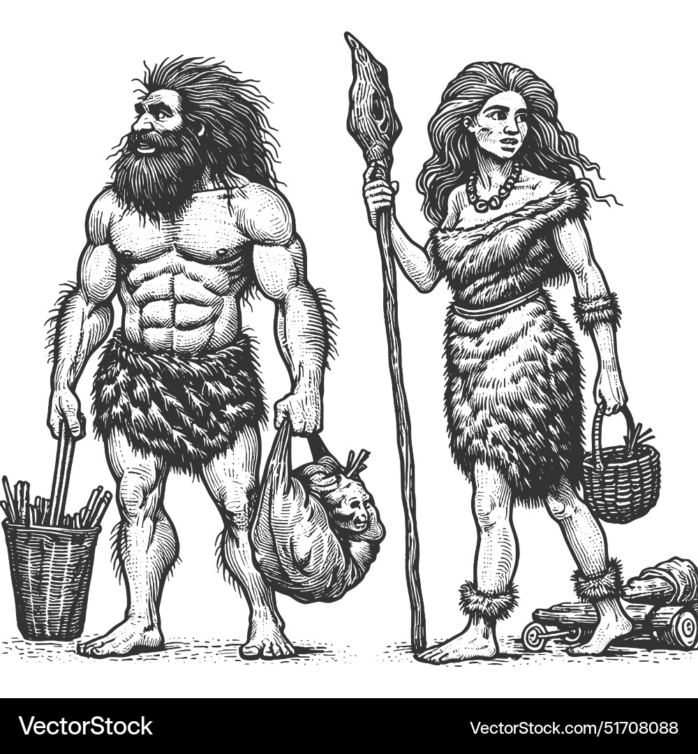 Cave man and woman engraving Royalty Free Vector Image