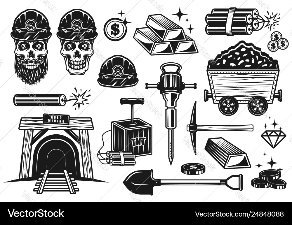 Gold mining and treasure digging objects Vector Image