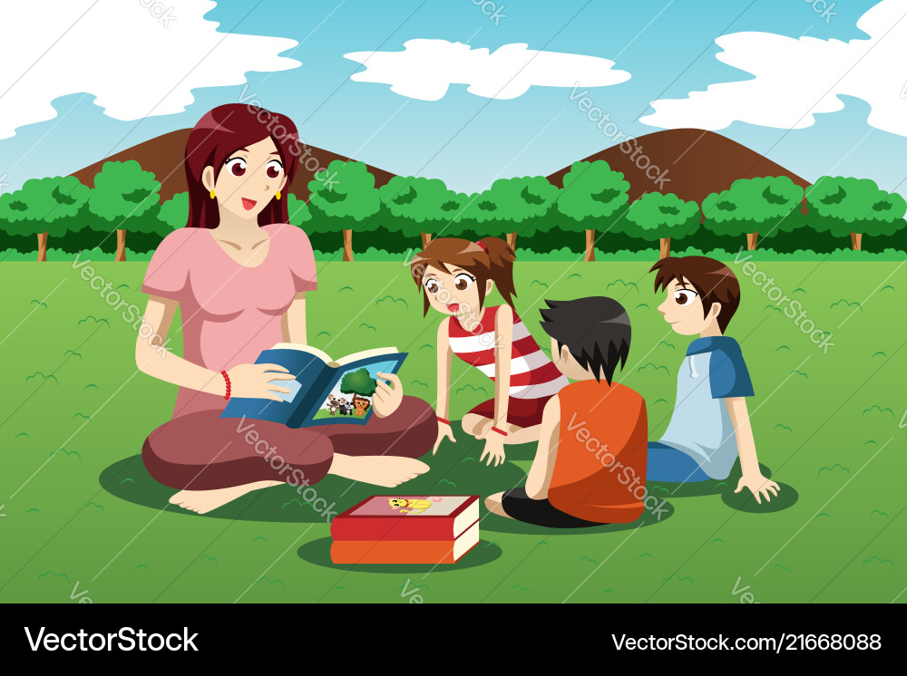 Teacher reading book to kids Royalty Free Vector Image