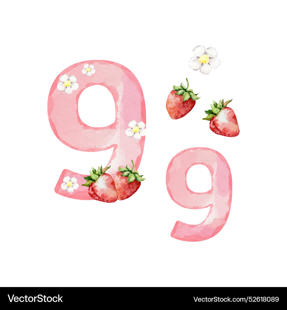 Watercolor pink number 9 with strawberry Vector Image