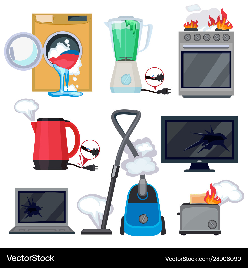 Broken appliance damage kitchen home items tv Vector Image