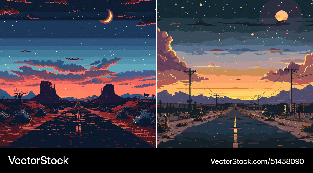 Desert highway pixel art road Royalty Free Vector Image