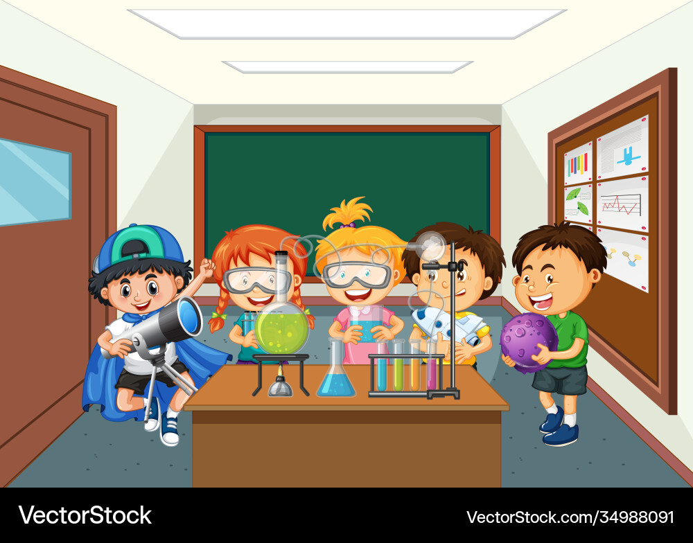 Kids doing science lab experiment Royalty Free Vector Image