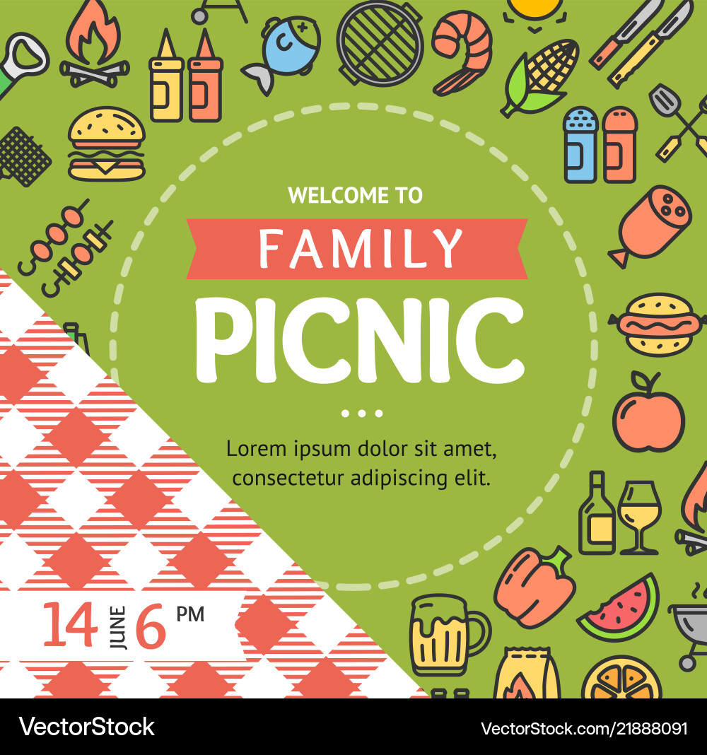Picnic invitation placard banner card with thin Vector Image