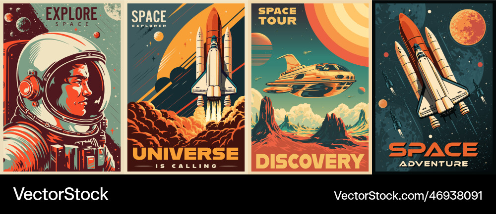 Space discovery colorful set flyers Royalty Free Vector