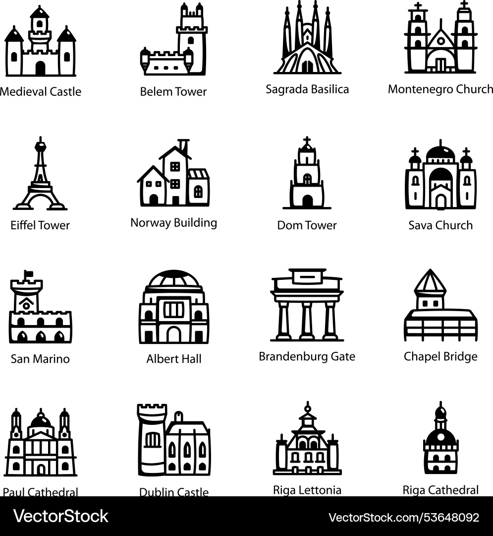 Bundle of monument drawing style icons Royalty Free Vector