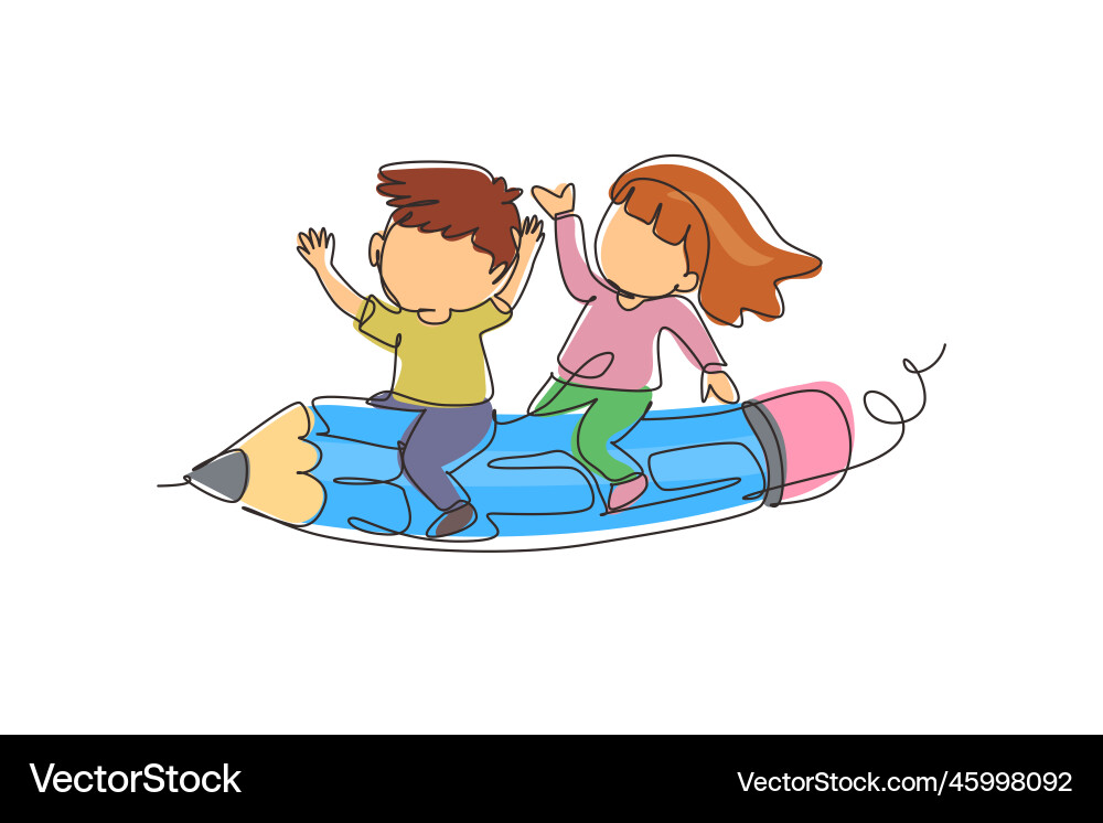 Continuous one line drawing happy school kids Vector Image