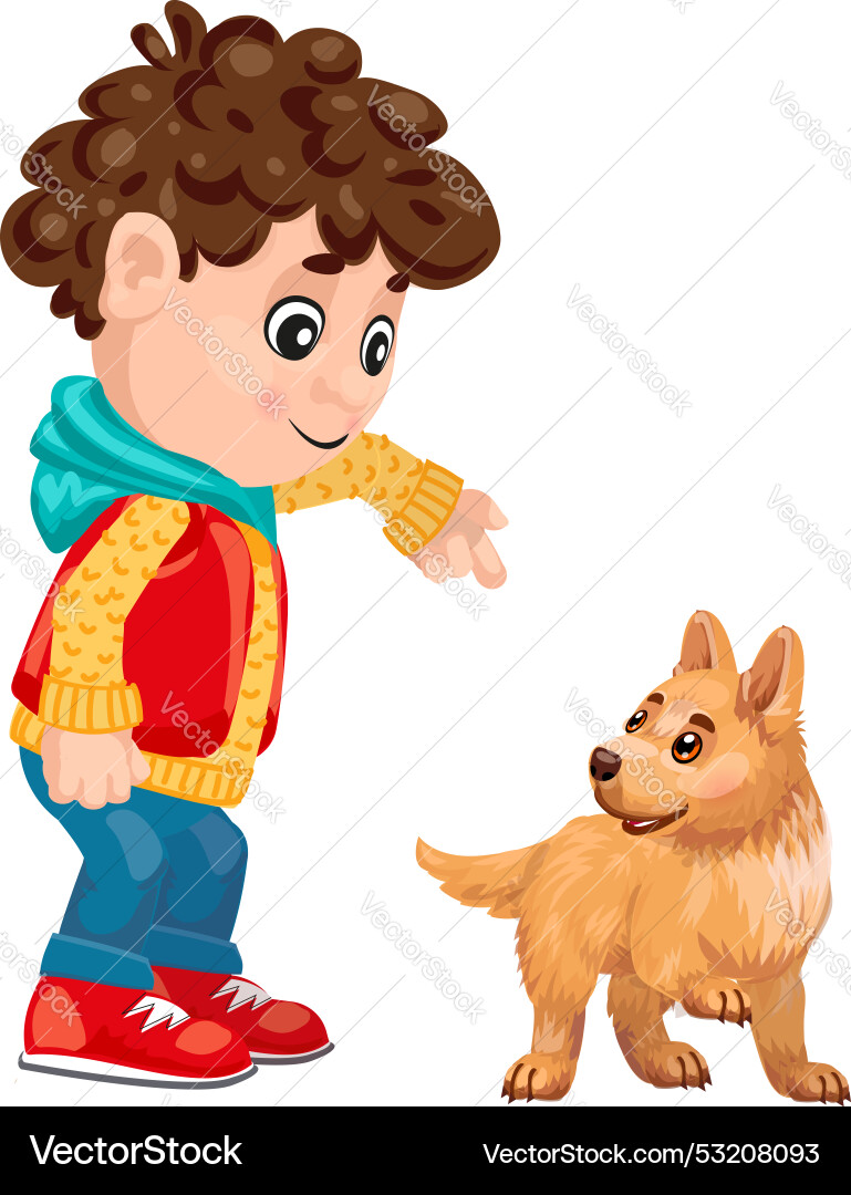 Happy boy pointing and training puppy dog Vector Image