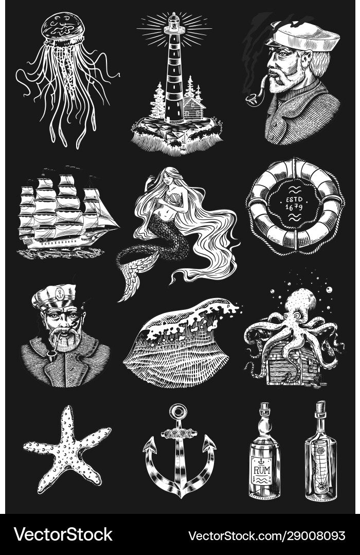 Nautical adventure set sea lighthouse mermaid Vector Image