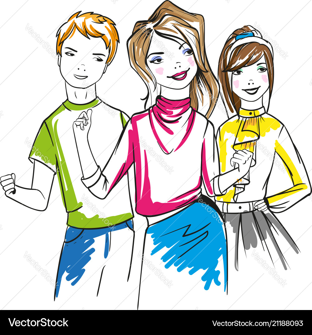 Three cheerful characters sketch Royalty Free Vector Image