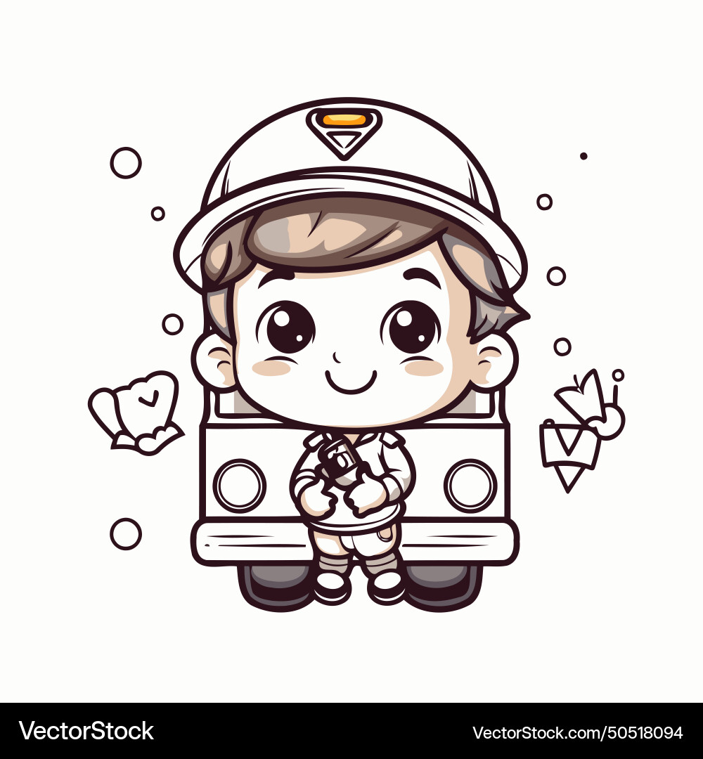Cute little boy in fireman uniform with fire Vector Image