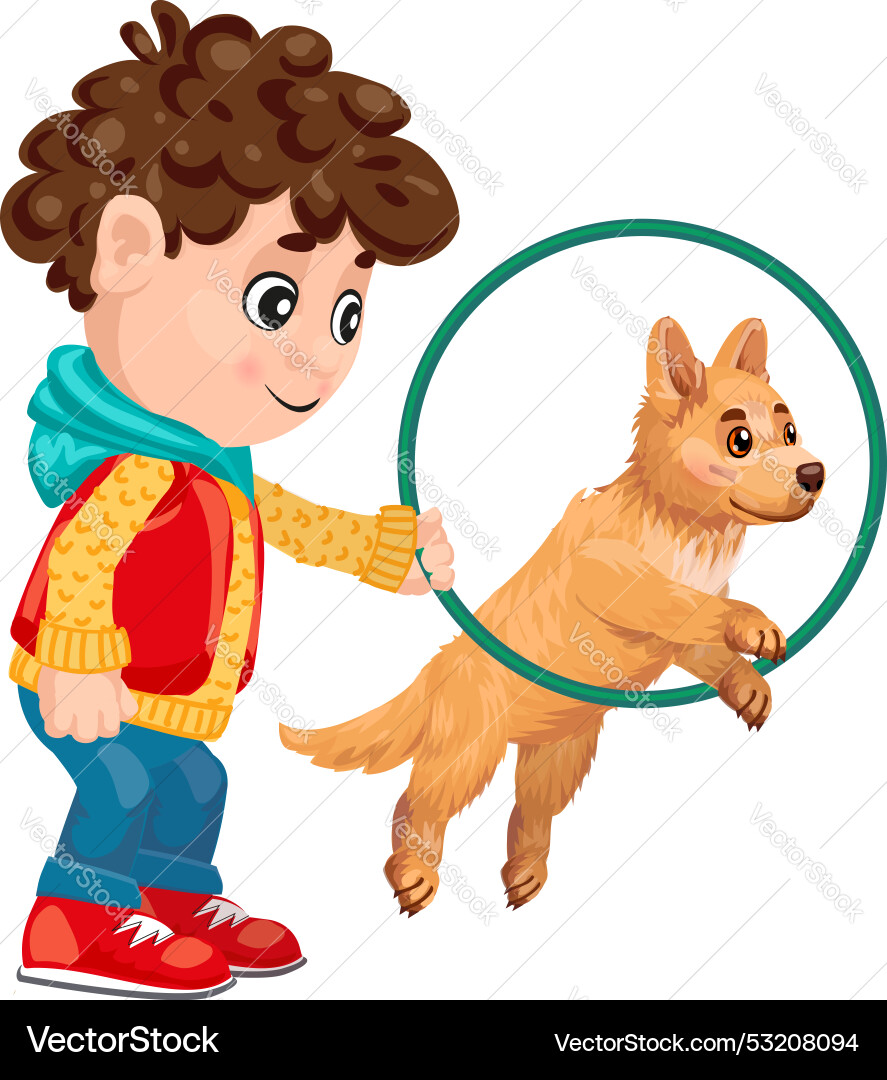 Happy boy training dog jumping through hoop Vector Image