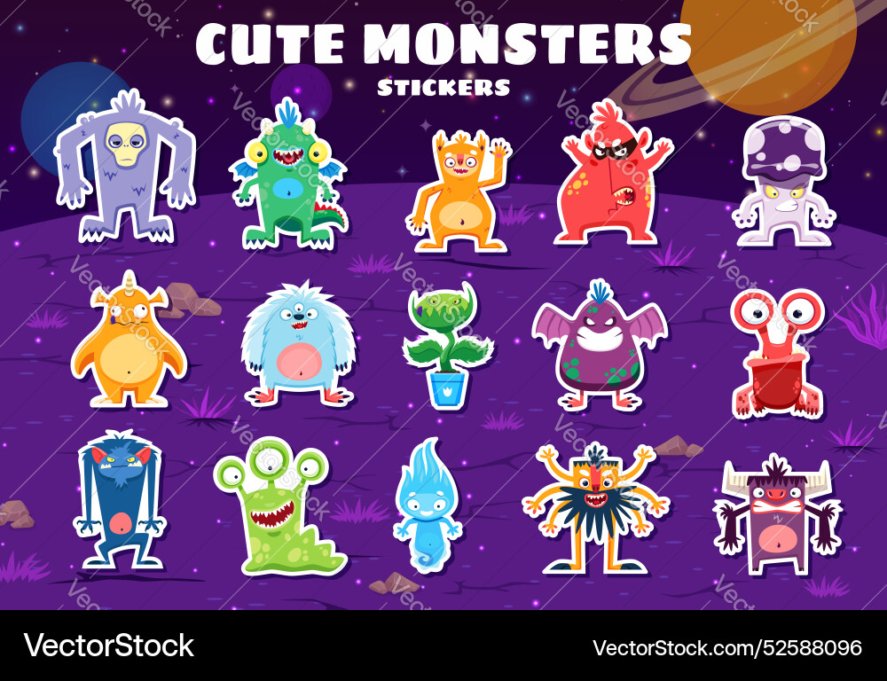 Cartoon monster characters stickers pack Vector Image