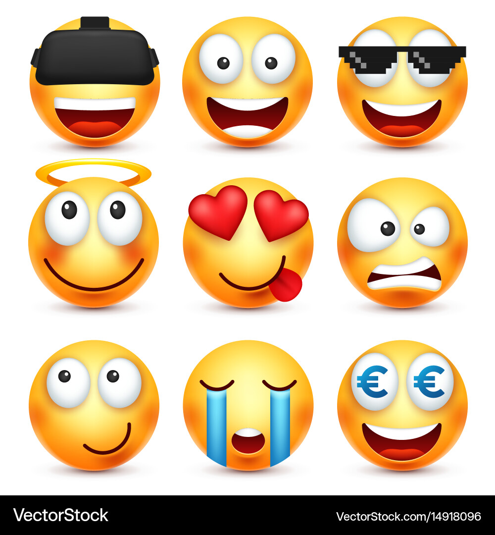Smiley Set mit 3d Gläsern Lächeln Emoticon Vektorbild
