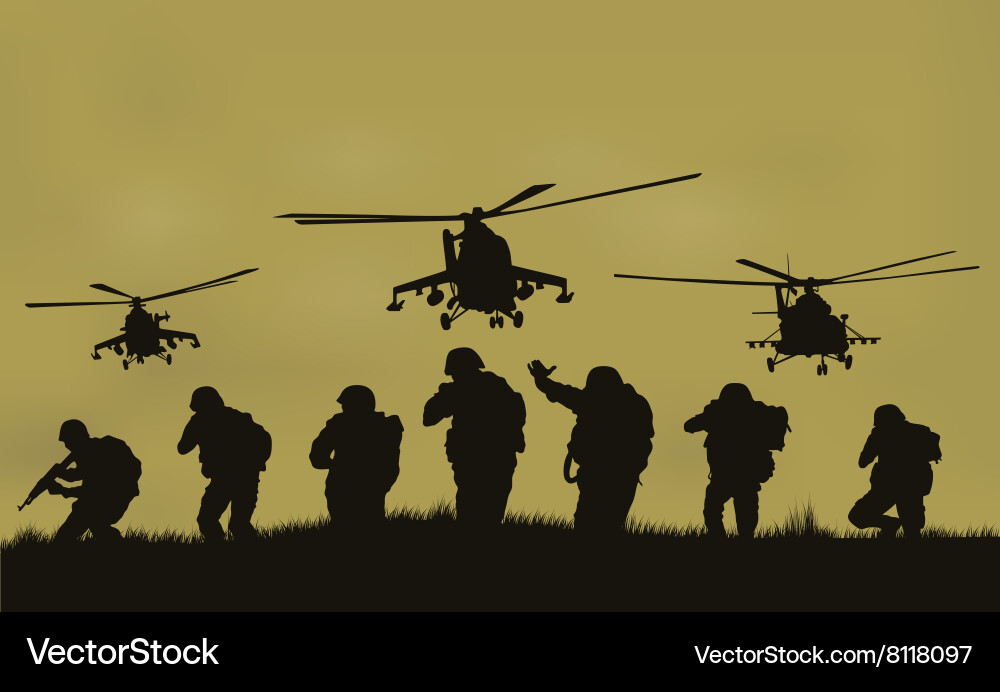 Soldiers going to attack and helicopters Vector Image