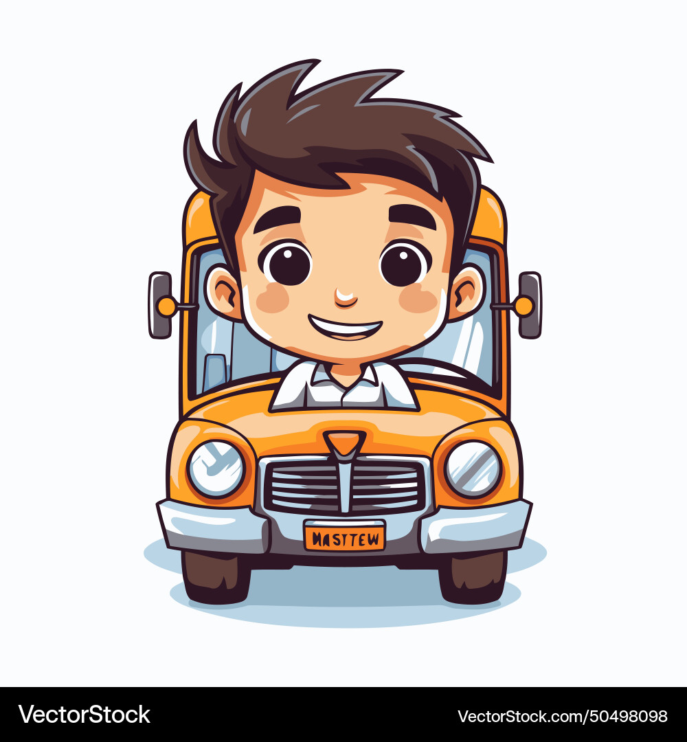 Cute schoolboy driving school bus cartoon Vector Image